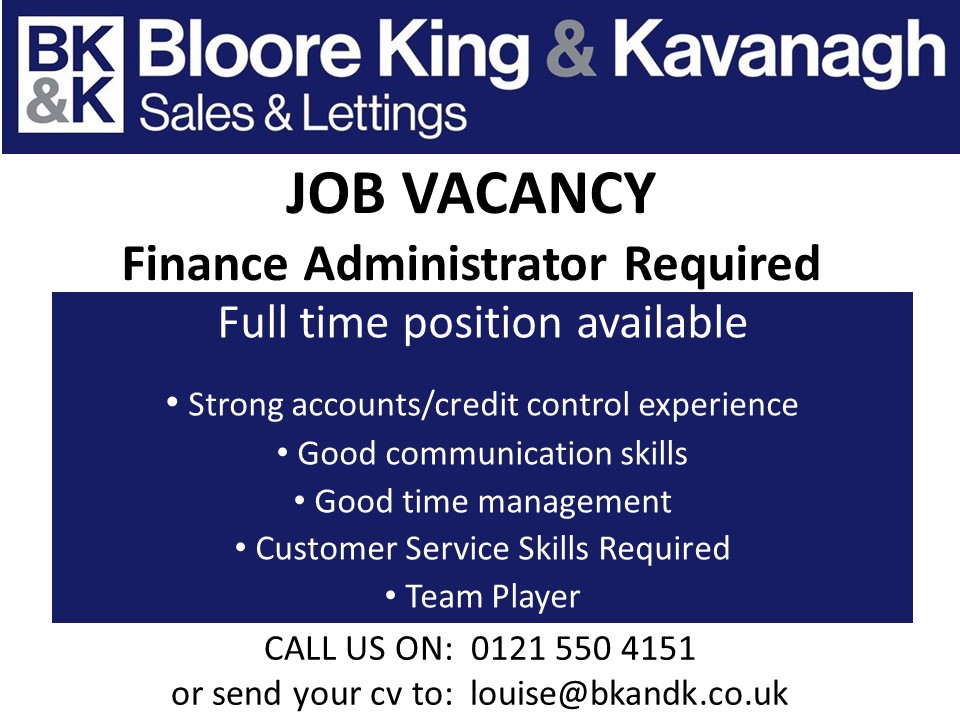 Full Time Job Vacancy Finance Administrator | Bloore King & Kavanagh ...